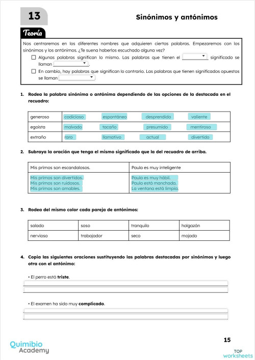 Sinónimos y antónimos. Ficha interactiva | TopWorksheets