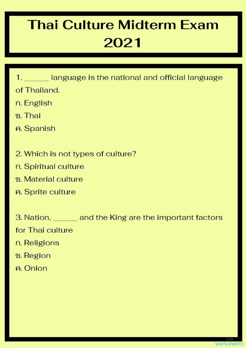 Midterm Exam Thai culture ใบงานเชิงโต้ตอบ | TopWorksheets