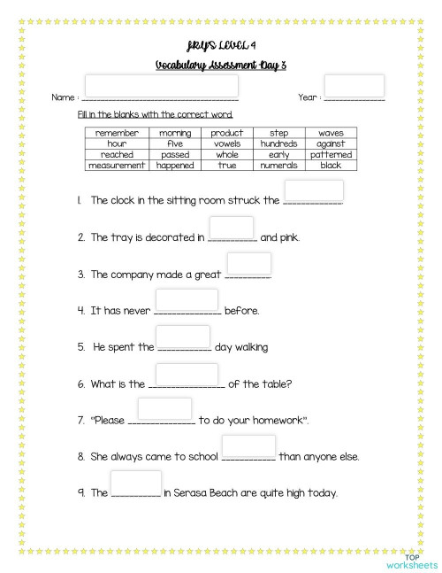 Vocabulary Level 4 Assessment Day 3. Interactive worksheet | TopWorksheets