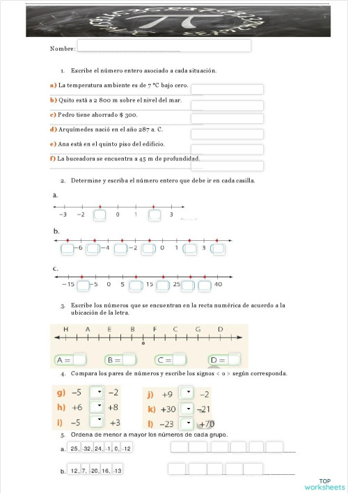 NUMEROS ENTEROS (INTRODUCCIÓN). Ficha interactiva | TopWorksheets