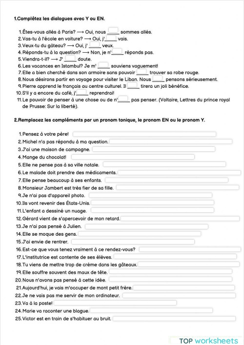 Les pronoms EN-Y-Toniques. Fiche interactive | TopWorksheets