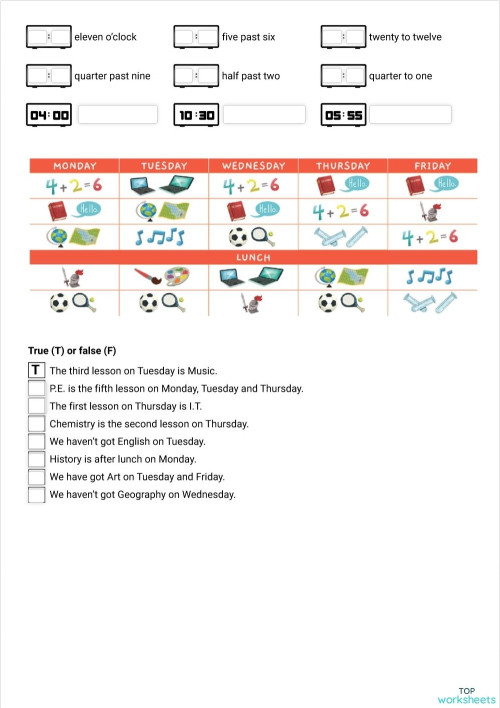 Timetable (school subjects, telling the time). Interactive worksheet ...