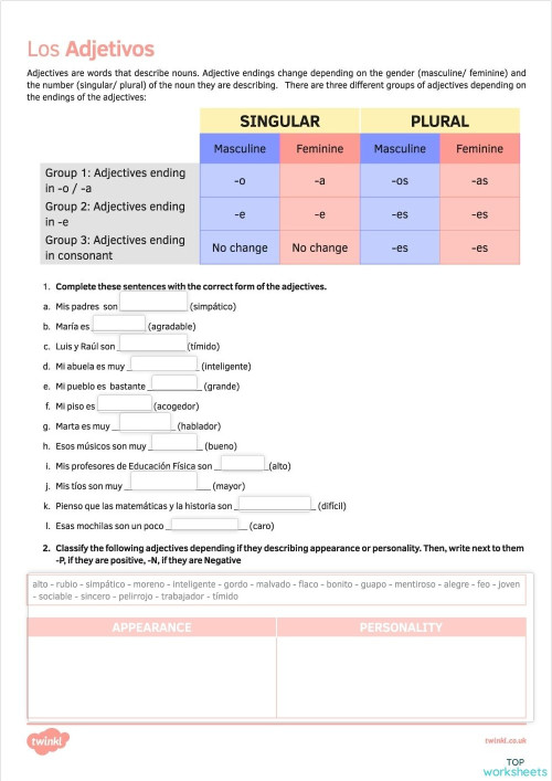 Adjetivos: fichas interactivas y ejercicios online | TopWorksheets