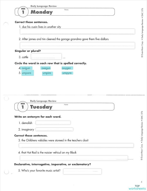DOL week 1 monday and tuesday. Interactive worksheet | TopWorksheets