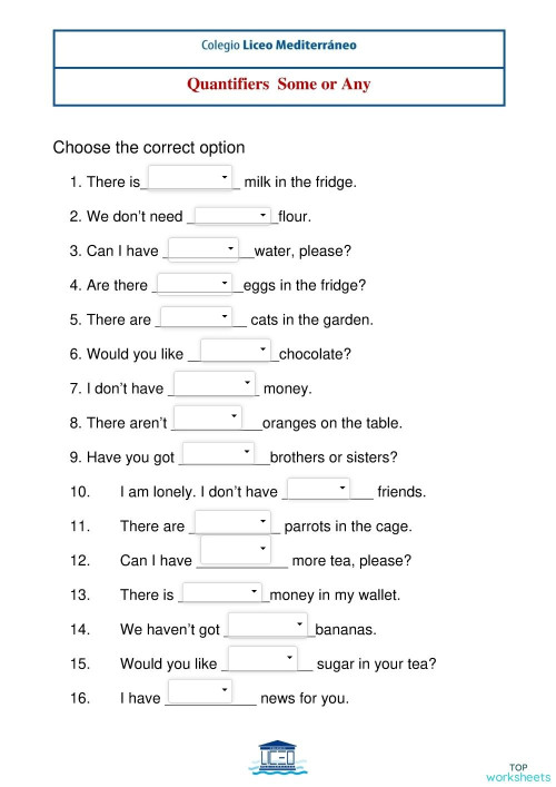 Quantifiers Some or Any. Interactive worksheet | TopWorksheets