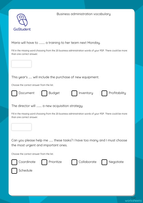 Business administration vocabulary. Interactive worksheet | TopWorksheets