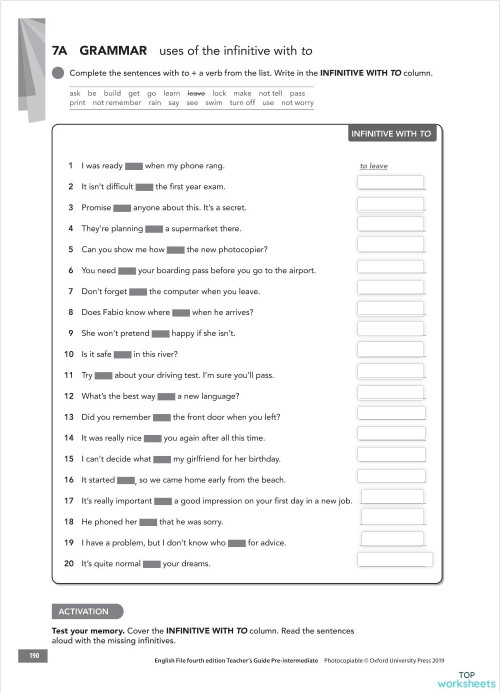 PGE 7A: use of the infinitive with to. Interactive worksheet ...