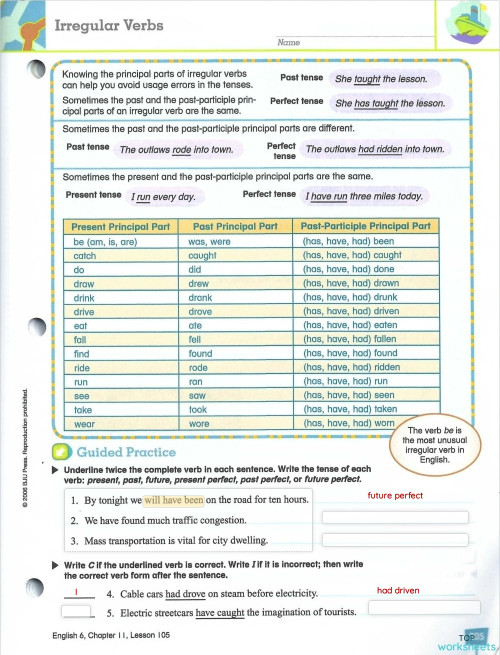Lesson 105: Irregular Verbs Pg 205. Interactive worksheet | TopWorksheets