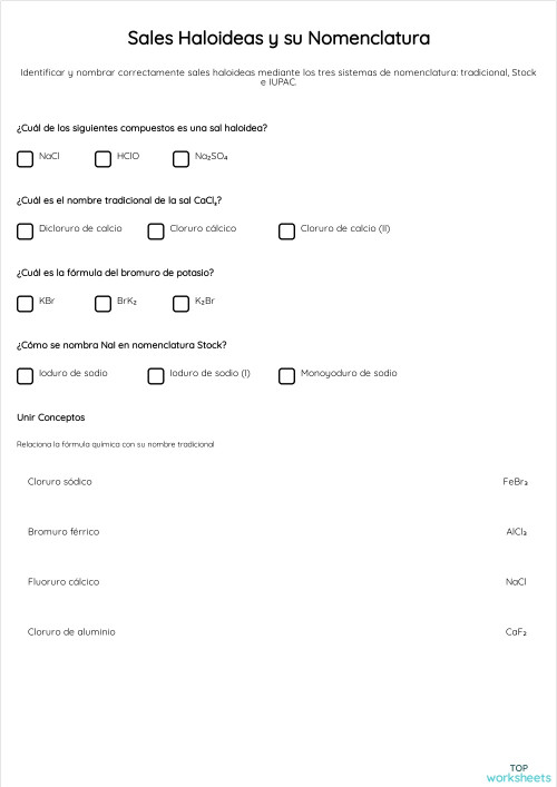 Sales Haloideas y su Nomenclatura. Ficha interactiva | TopWorksheets