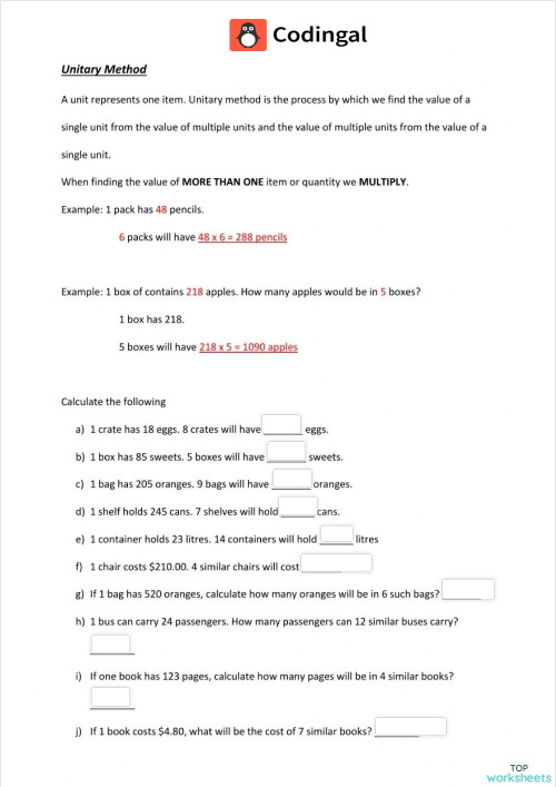 M_G07T03_WC05_Unitary Method. Interactive worksheet | TopWorksheets