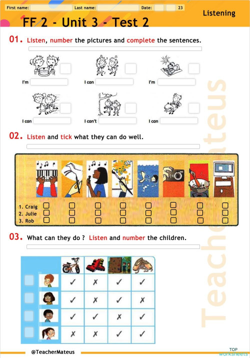 FF 2 - Unit 03 - Test 2 - Listening. Interactive worksheet | TopWorksheets