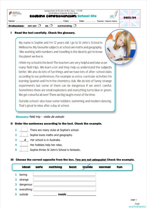 Reading Comprehension: School Life. Interactive worksheet | TopWorksheets