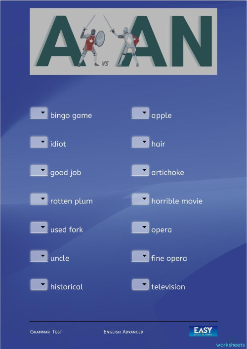 A or An Grammar Test. Interactive worksheet | TopWorksheets