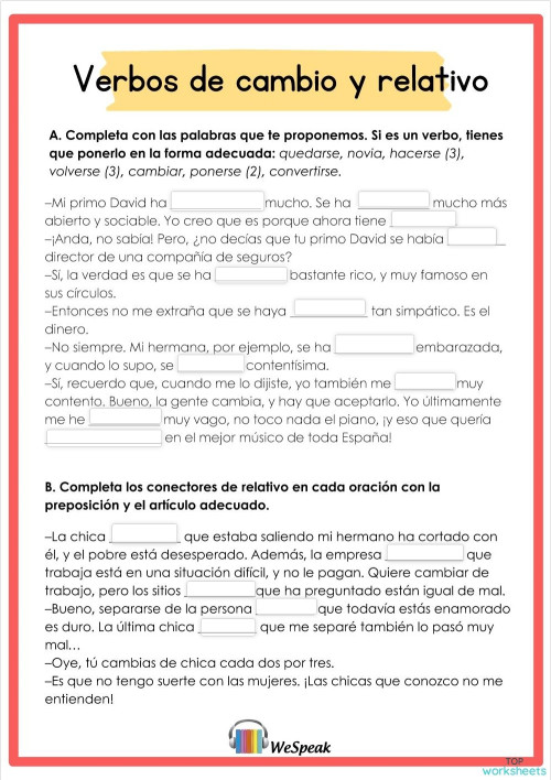 Verbos de cambio y relativo. Ficha interactiva | TopWorksheets