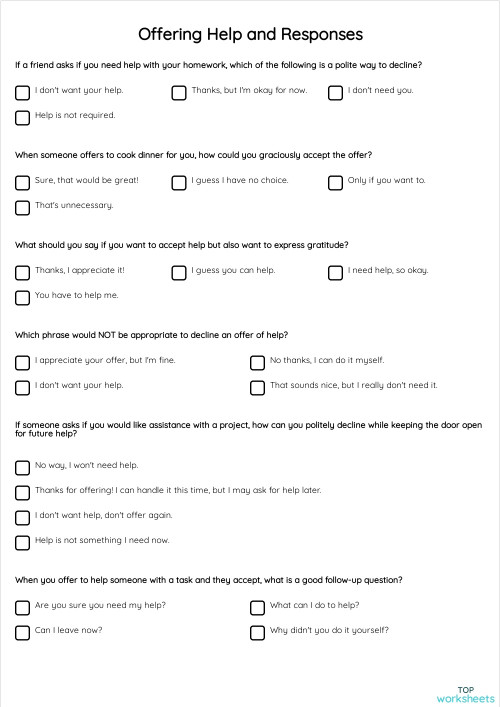 Offering Help and Responses. Interactive worksheet | TopWorksheets