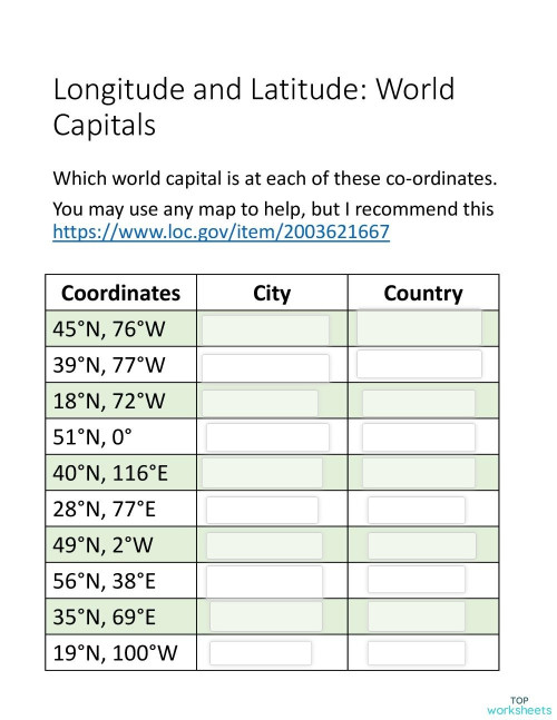 World Capitals Mapping. Interactive worksheet | TopWorksheets