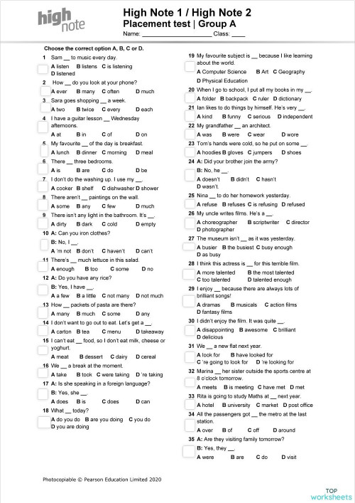 High note placement test. Interactive worksheet | TopWorksheets