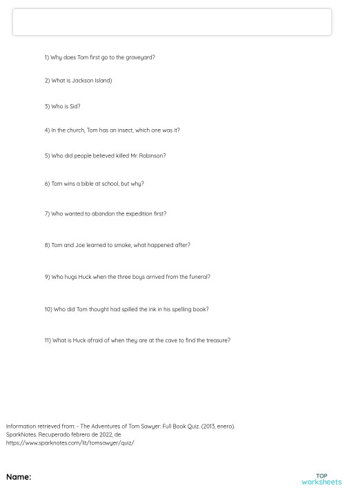The adventures of Tom Sawyer. Interactive worksheet | TopWorksheets