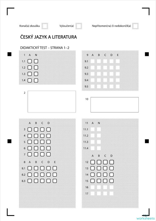 Čeština: interaktivní pracovní listy a online cvičení | TopWorksheets