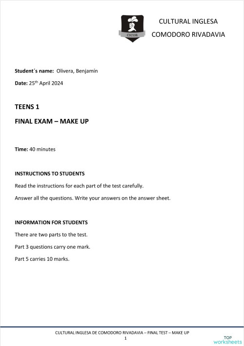 Olivera, Benjamín - Teens 1. Interactive worksheet | TopWorksheets