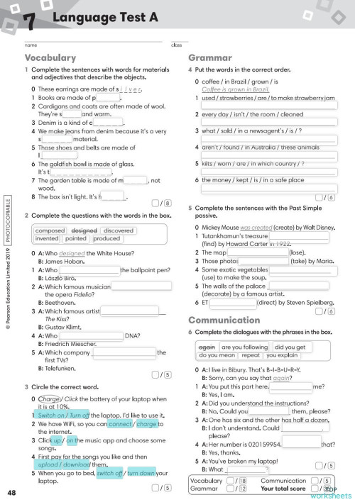 GG4. Unit 7. Language test. Interactive worksheet | TopWorksheets