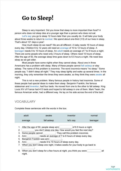 Go to sleep!. Interactive worksheet | TopWorksheets