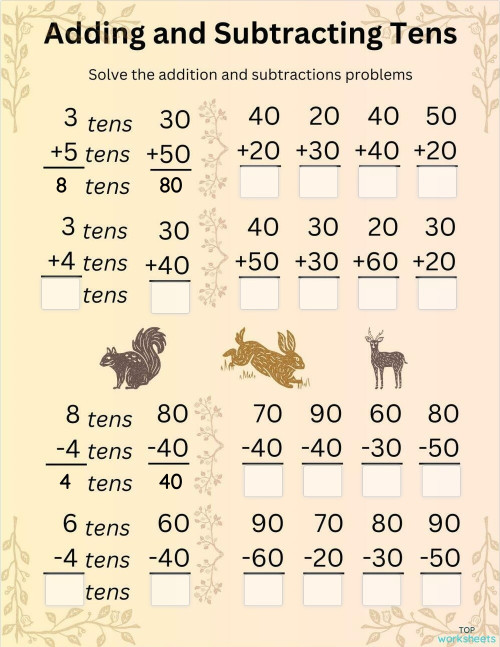Adding and Subtracting Tens. Interactive worksheet | TopWorksheets