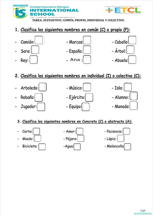 SUSTANTIVO COMÚN/PROPIO/CONCRET/ABSTRACTO/INDIVIDUAL/COLECTIVO. Ficha ...