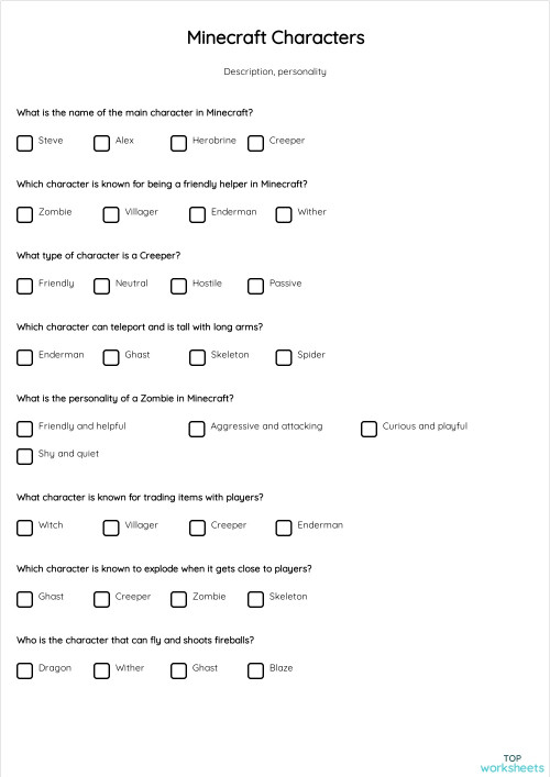 Minecraft Characters. Interactive worksheet | TopWorksheets