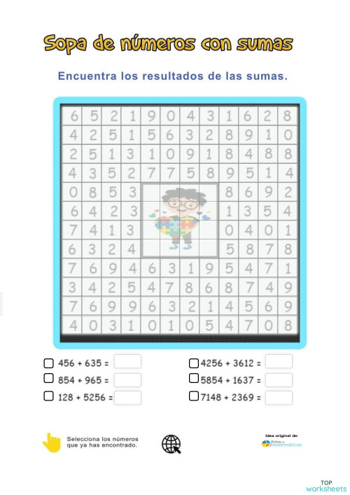 Sopa de sumas 01. Ficha interactiva | TopWorksheets