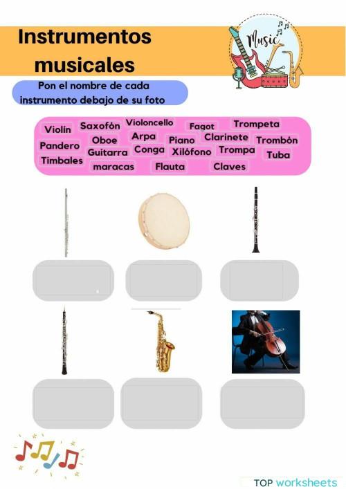 Los instrumentos musicales. Ficha interactiva | TopWorksheets