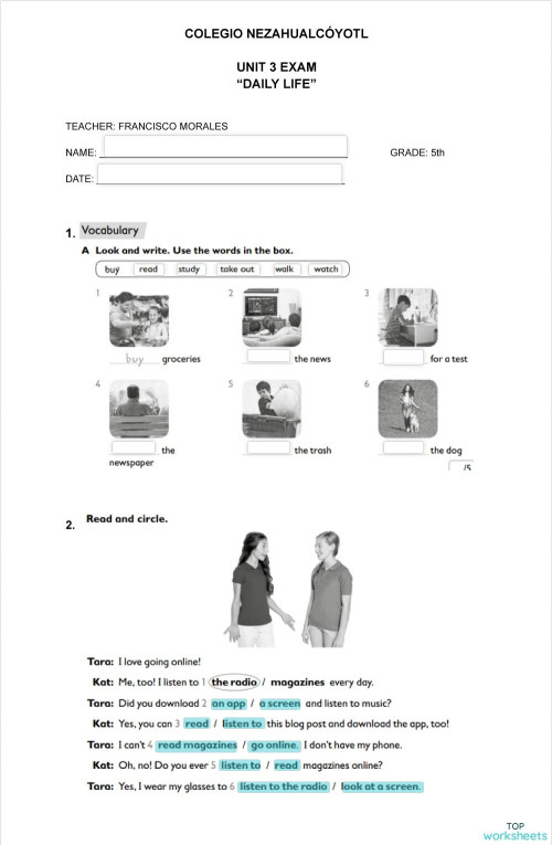 5th Grade Unit 3 Exam. Ficha interactiva | TopWorksheets