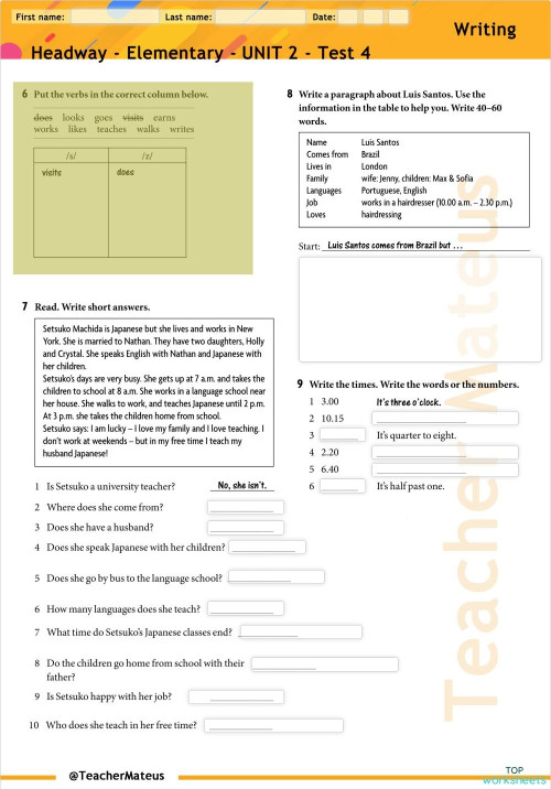 Headway - Elementary - UNIT 2 - Test 4 - Writing (Copied). Interactive ...