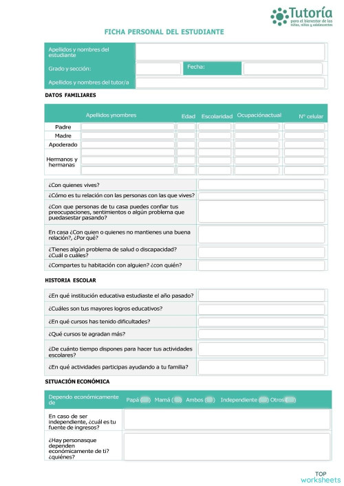 FICHA PERSONAL DEL ESTUDIANTE. Ficha interactiva | TopWorksheets