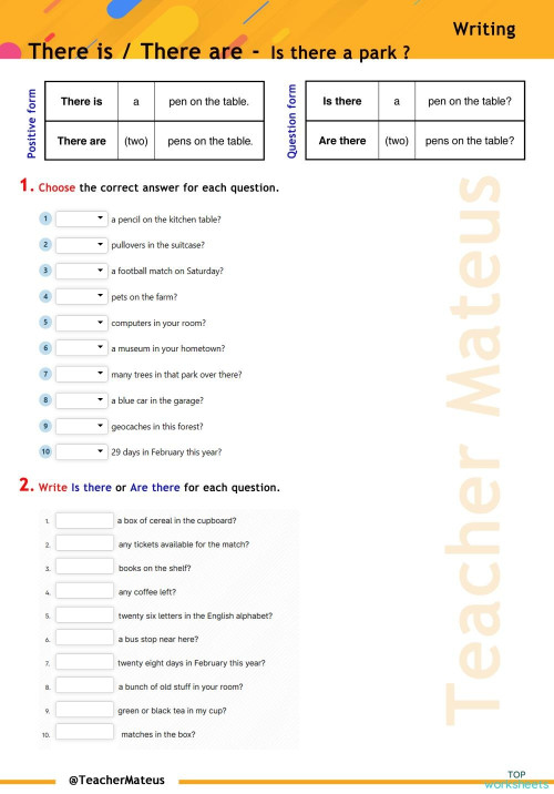 THERE IS THERE ARE - Is there Are there - Writing. Interactive worksheet | TopWorksheets