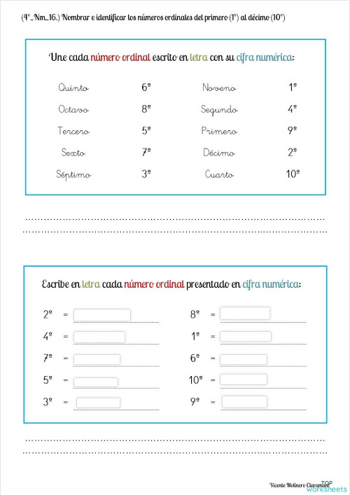 Números ordinales: fichas interactivas y ejercicios online | TopWorksheets