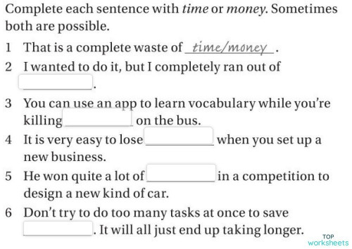 time and money. Interactive worksheet | TopWorksheets