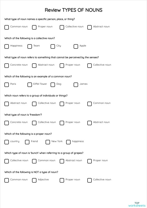 Review TYPES OF NOUNS. Interactive worksheet | TopWorksheets