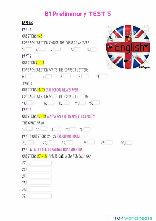B1 For Schools Trainer Test 5 Answer Sheet Interactive Worksheet