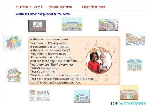 Around the town. Song: Near here. Interactive worksheet | TopWorksheets