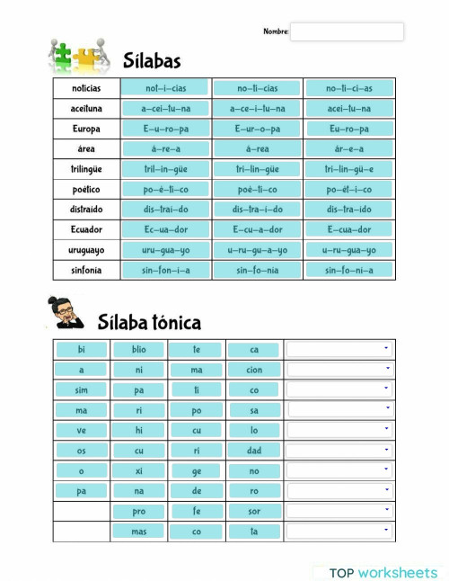 Sílabas - Sílaba tónica. Ficha interactiva | TopWorksheets