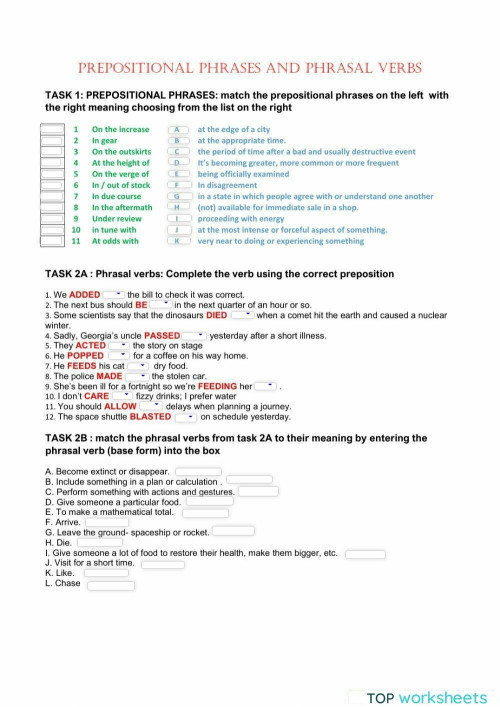 Phrasal verbs and prepositional phrases. Interactive worksheet ...