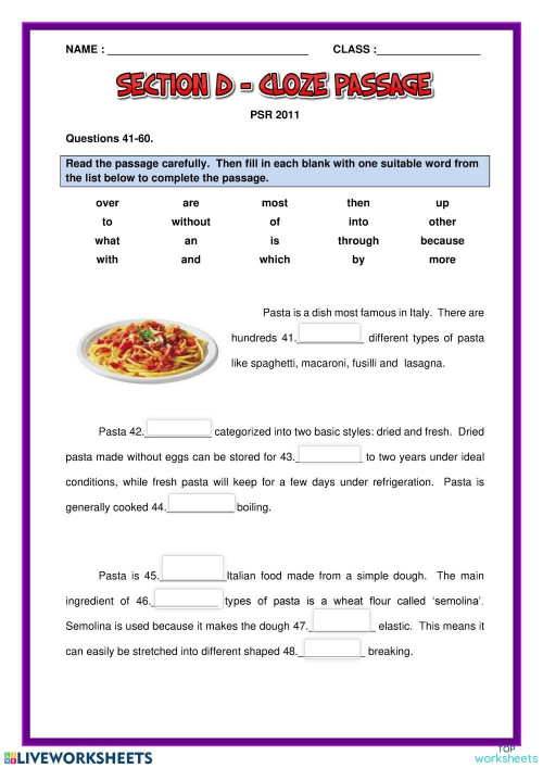 Cloze Passage 2011. Interactive worksheet | TopWorksheets