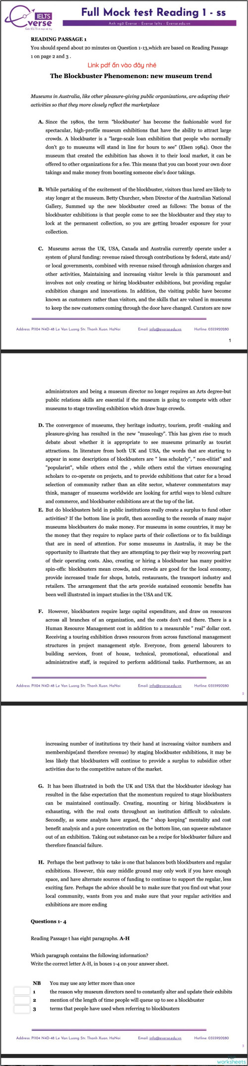 Full Mock test Reading 1 - ss. Interactive worksheet | TopWorksheets