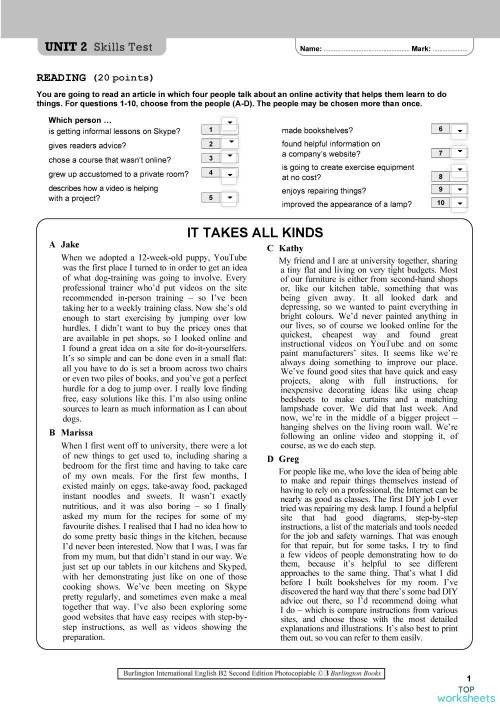 B2 BIE U2 Reading. Interactive worksheet | TopWorksheets