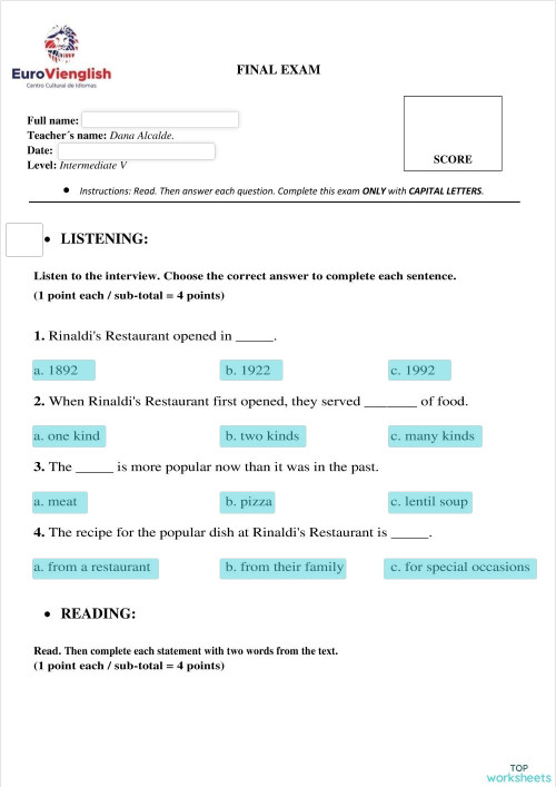 FINAL EXAM I5 - WE. Interactive worksheet | TopWorksheets