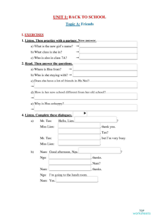 Unit 1: Back to school - Topic A. Interactive worksheet | TopWorksheets