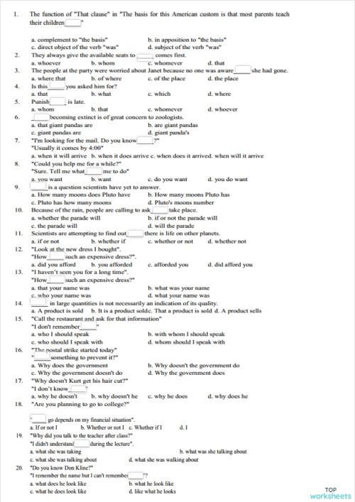 NOUN CLAUSE 01. Interactive worksheet | TopWorksheets