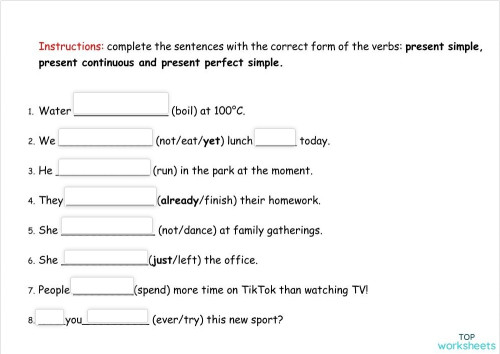 Present simple, present continuous, present perfect. Interactive worksheet | TopWorksheets