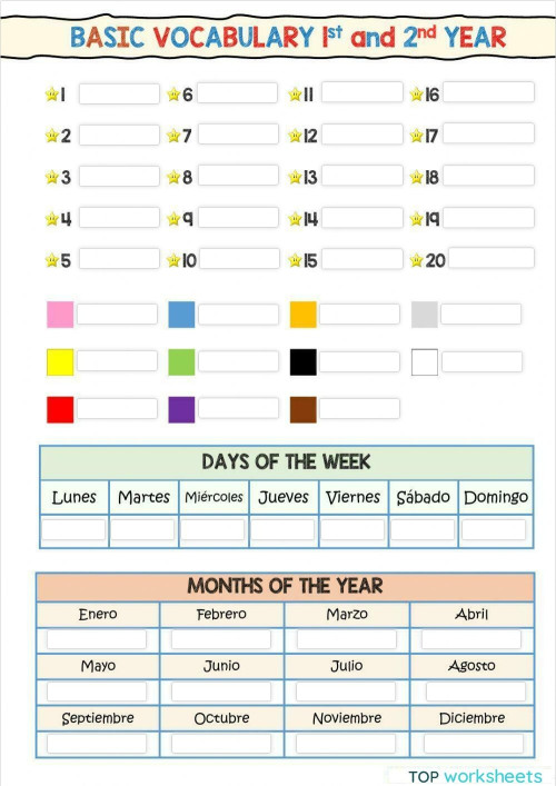 Numbers, colours, days of the week and months of the year. Interactive ...